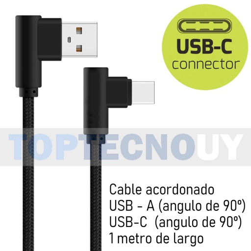 CABLE USB MACHO A USB-C TIPO TYPE C MACHO DE 1M METRO CARGA Y DATOS USBC ACORDONADO ANGULO 2.4A CELU