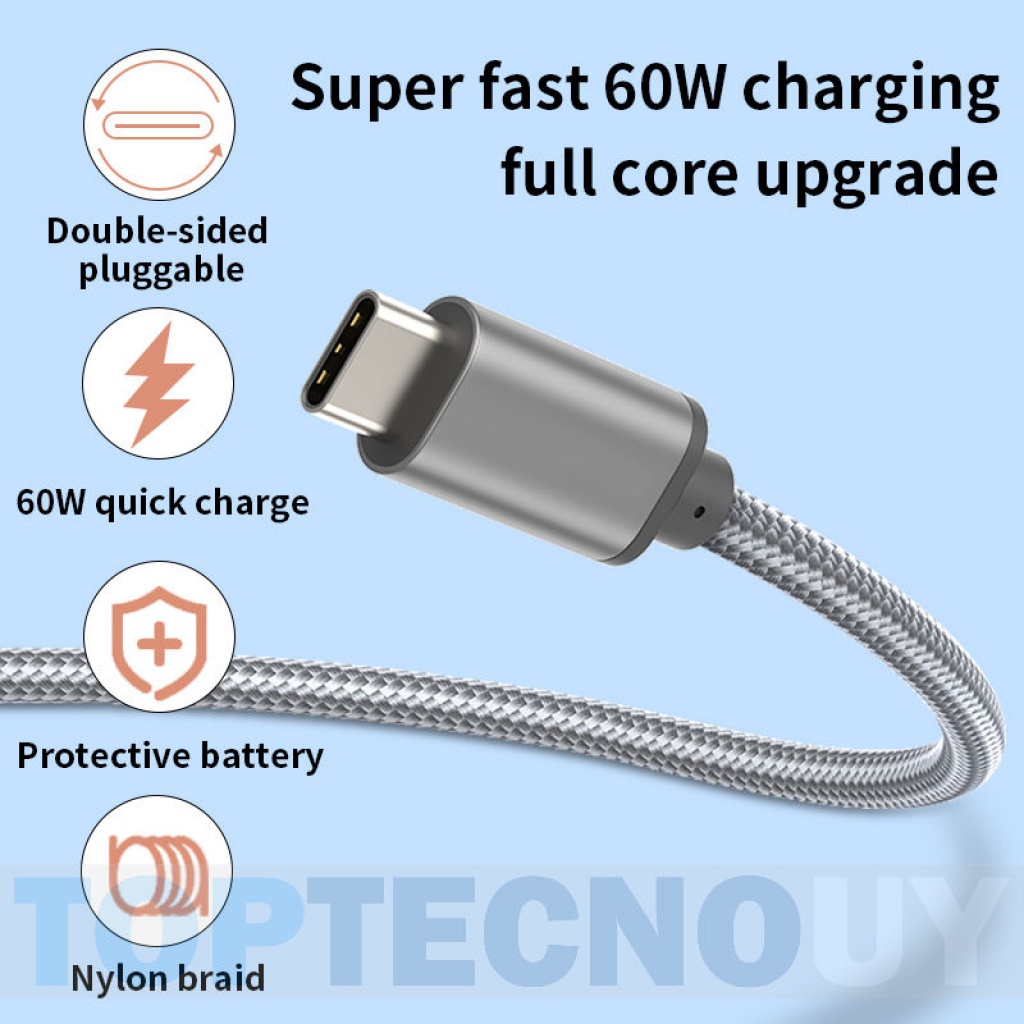 CABLE ACORDONADO USB 3.0 A USB TIPO C DE 3 METROS 60W CARGA Y DATOS USBC USB-C 3M CELULARES