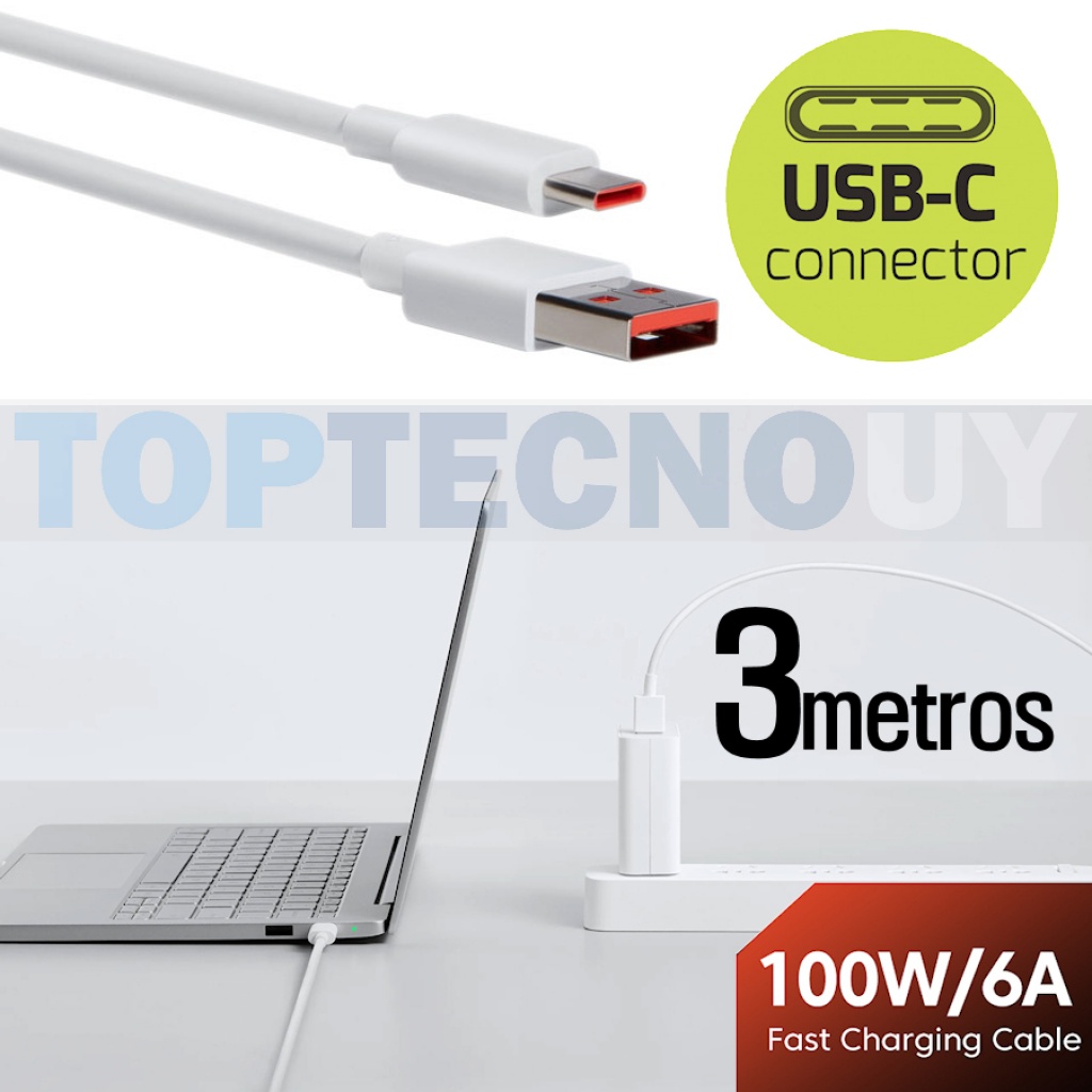 CABLE USB DE CARGA ULTRA RAPIDA TIPO A / USB TIPO C 100W 6A 3 METROS USB-C CELULARES